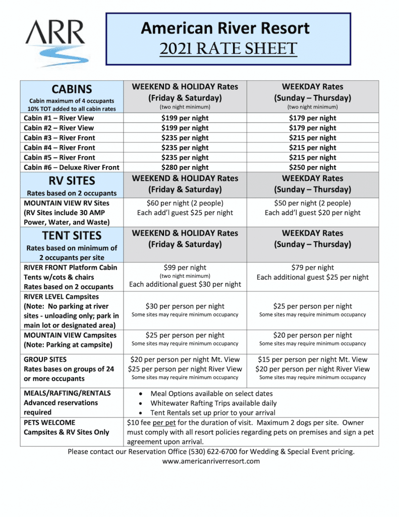 Resort Price List - American River Resort