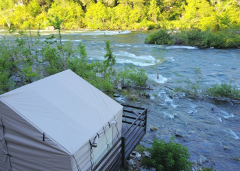 Tent glamping experience next to the American River in historic Coloma