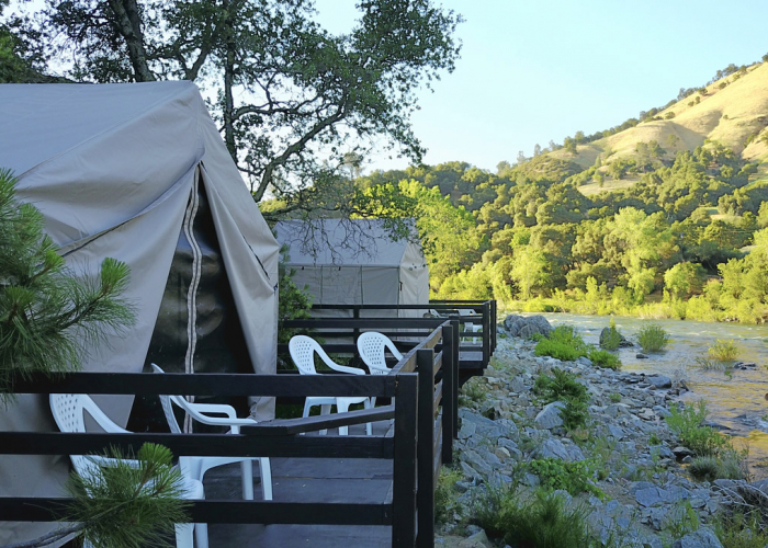 Tent glamping experience next to the American River in historic Coloma